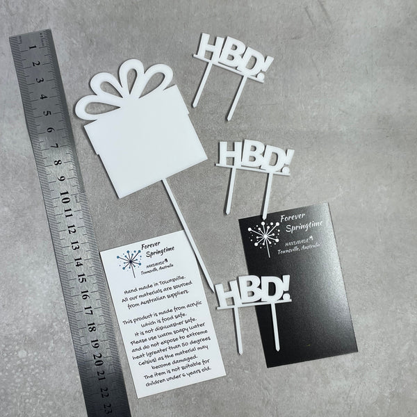 Cake Topper Set - HBD! Gift (White Happy Birthday & Gift Box) 4 pc Set ...